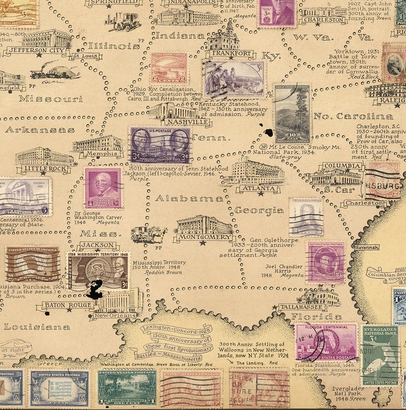 Pictorial Map of United States Stamps Poster U.S. Postage | Etsy
