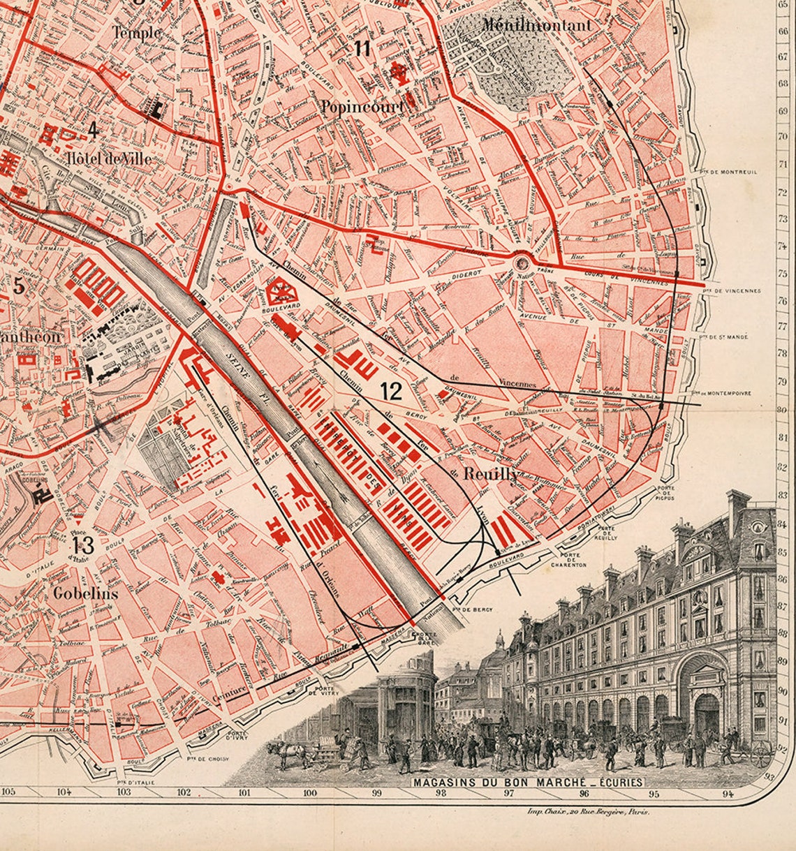 Map of Paris, France, 1892. Restoration Hardware Home Deco Style Old ...