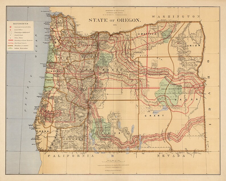 Map of Oregon 1876. Vintage Home Deco Style Old Wall Reproduction Map ...