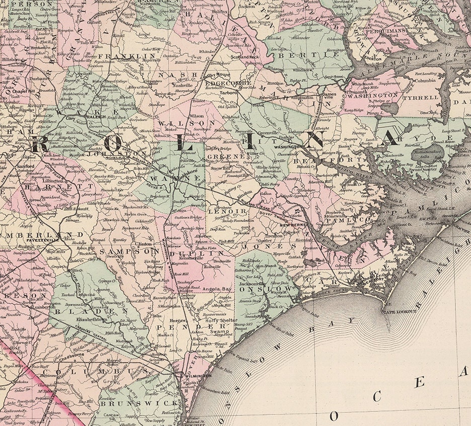 Map of North and South Carolina SC NC 1886. Restoration | Etsy