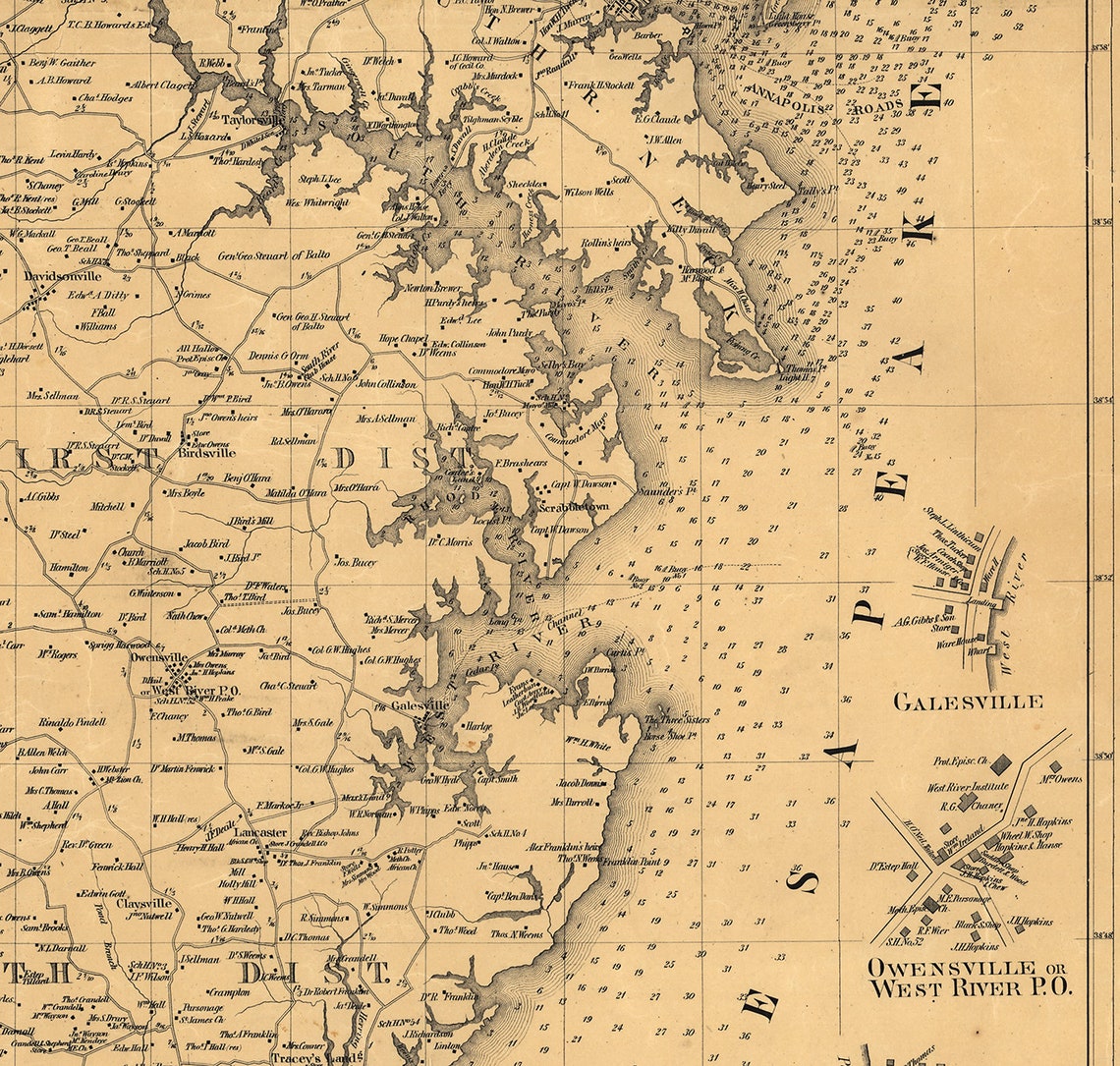 Map of Anne Arundel County, Maryland, MD., 1860. Vintage Home Deco ...