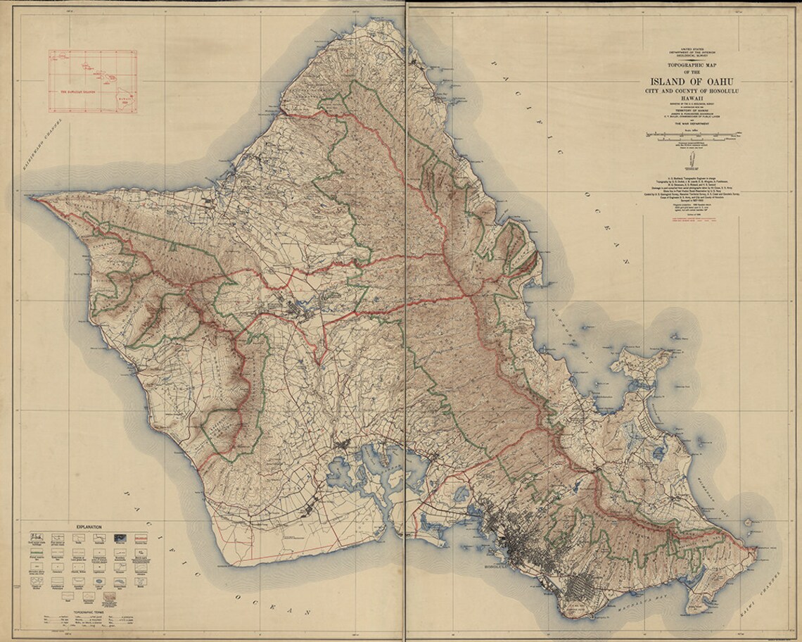 Topographic Map of Oahu Honolulu Co. Hawaiian Islands 1938. | Etsy