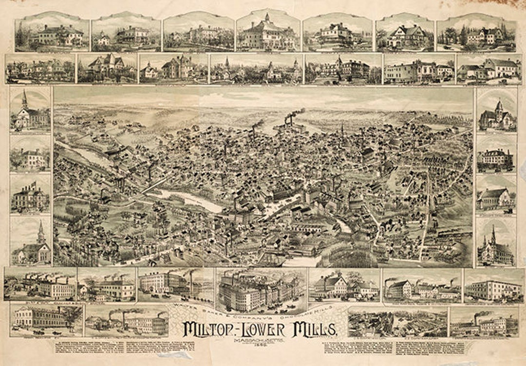 Map of Milton, Lower Mills, Massachusetts Ma., 1890. Restoration ...