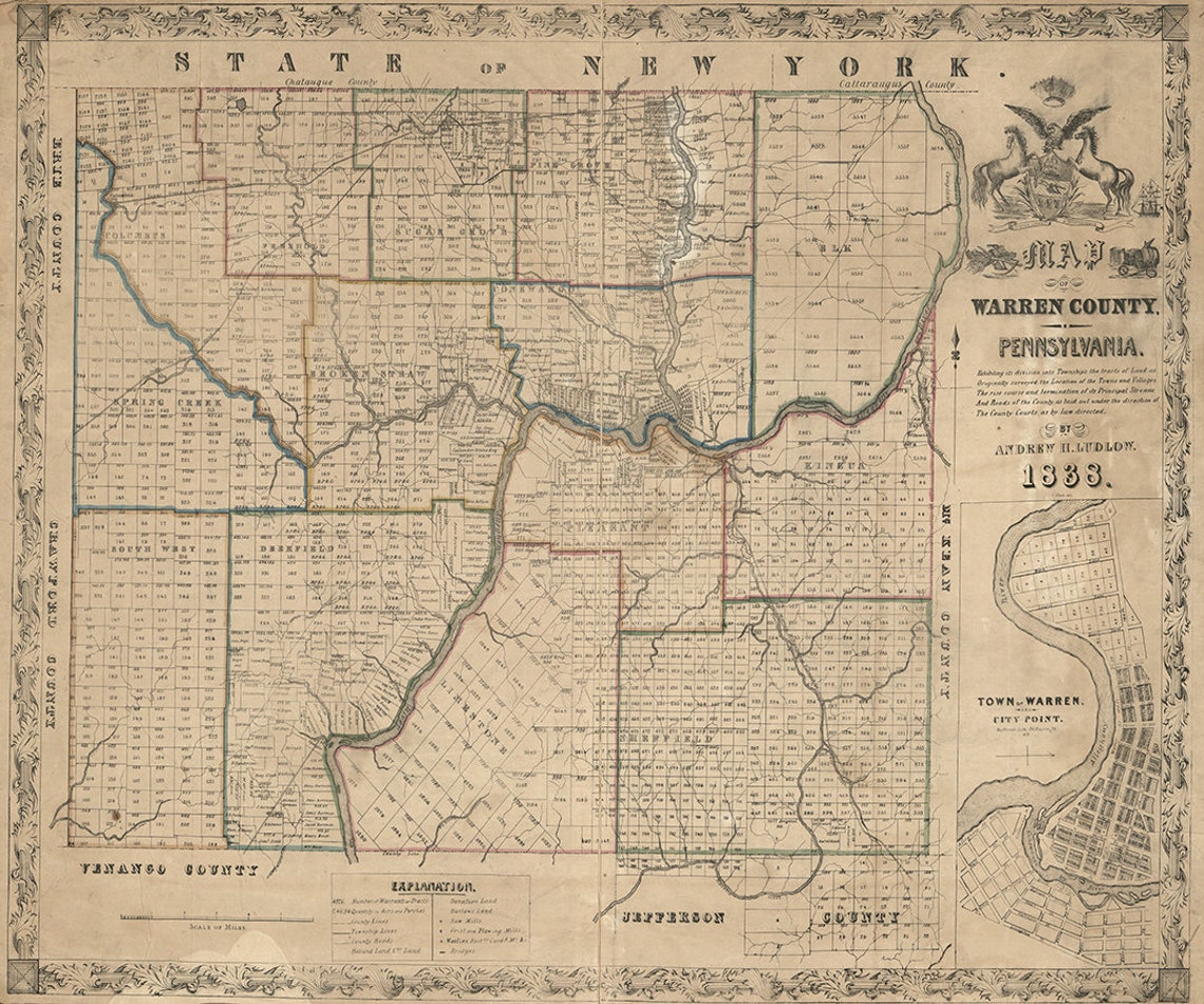 Map of Warren County, Pennsylvania. 1838. Vintage Restoration Hardware ...