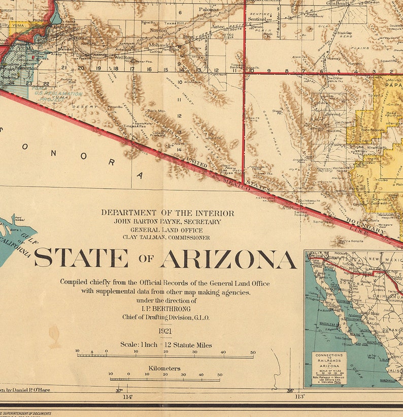 Map of State of Arizona, 1921. Vintage Home Deco Style Old Wall ...