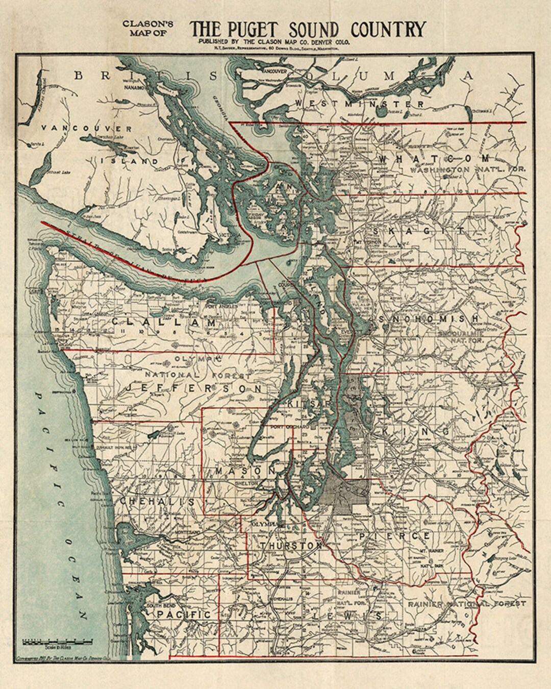 Map of Puget Sound, Washington, WT, 1910. Vintage Restoration Hardware ...