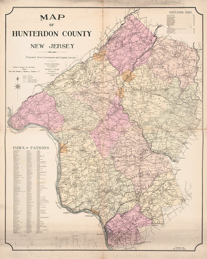 Map of Hunterdon County New Jersey 1902. Vintage Restoration - Etsy