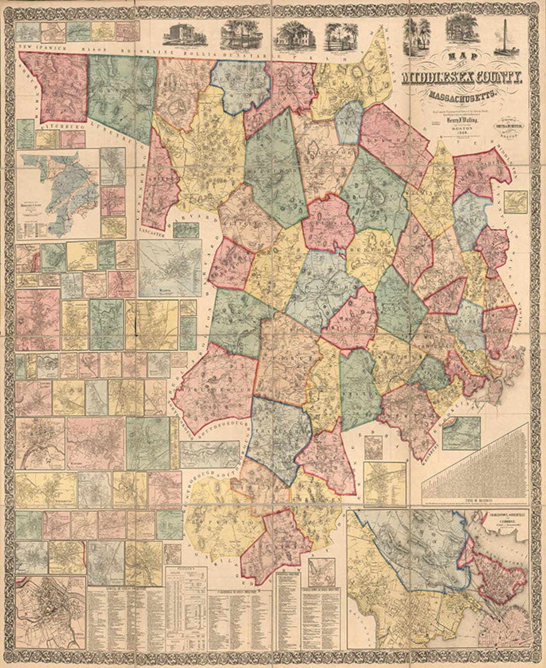 Map of Middlesex County, Massachusetts, MA. 1856. Vintage Restoration ...