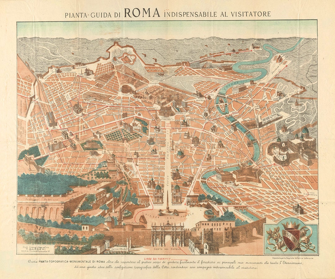 Pictorial Vintage Map of Rome 1800 Pianta-guida Di Roma Indispensabile ...