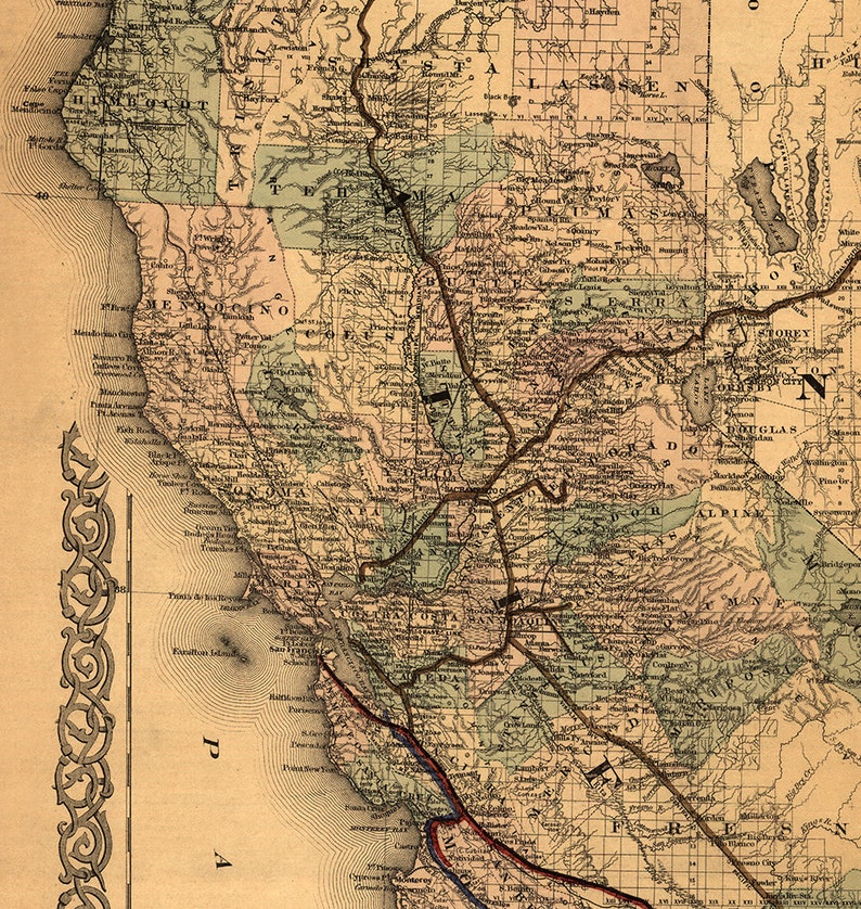 Map of California CA 1876. Restoration Hardware Home Deco - Etsy