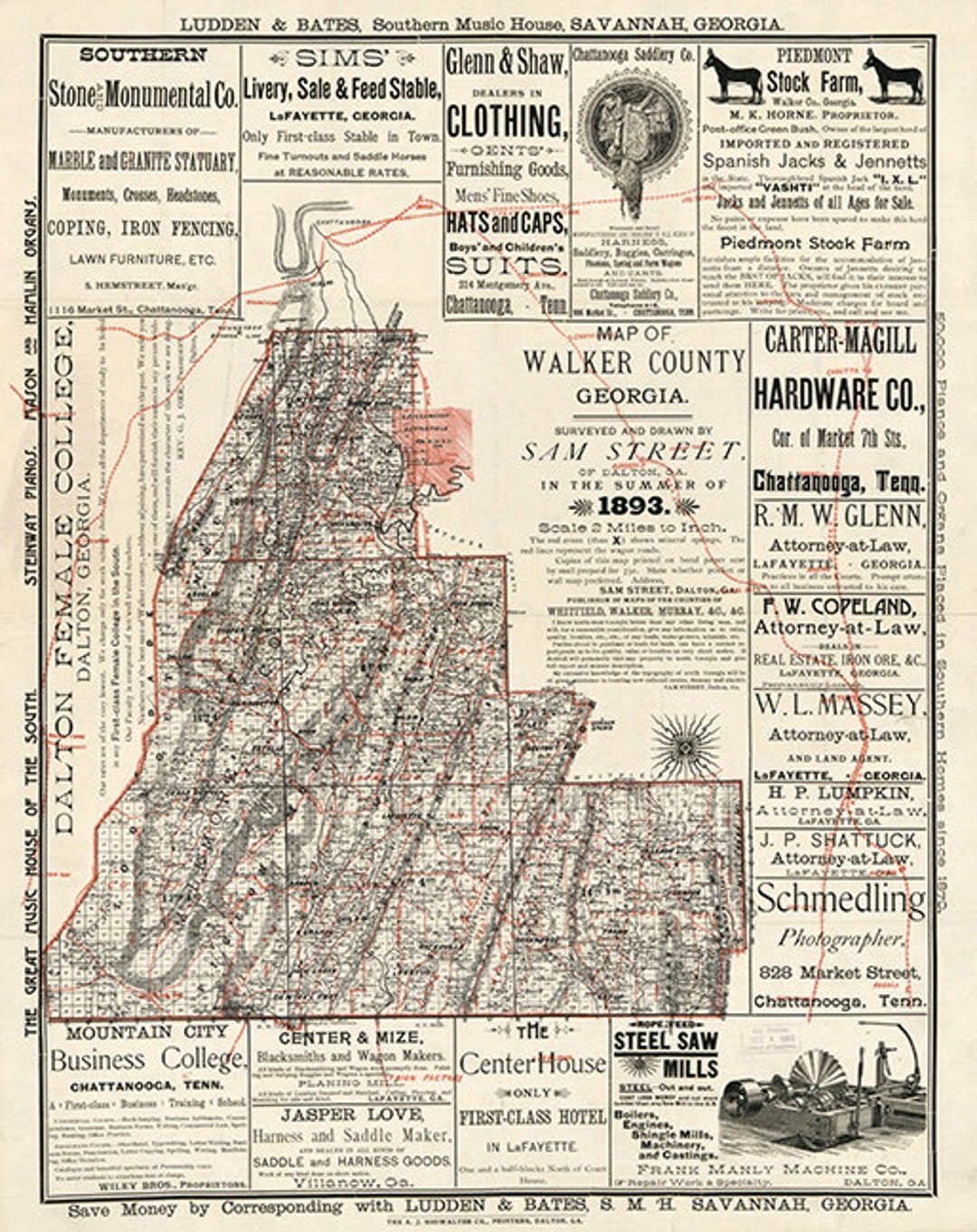 Map of Walker County, Georgia GA 1893. Vintage Restoration Hardware ...