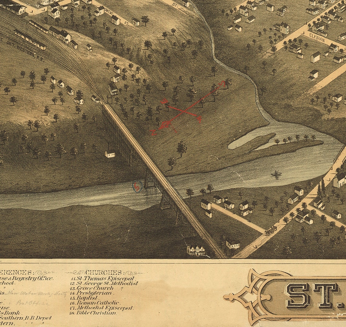 Map of St. Thomas, Ontario, Canada. 1896. Vintage Home Deco Style Old ...