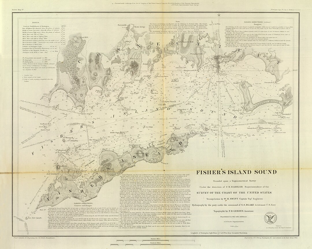 Nautical Chart of Fisher's Island Sound, New York, NY, 1847. Vintage ...