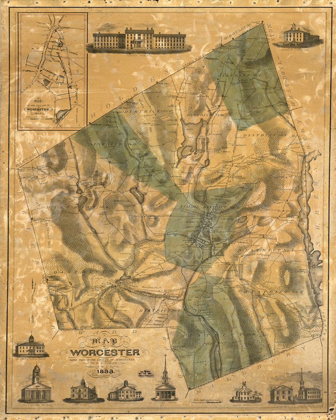 Map of Worcester, Worcester County, Massachusetts MA 1833. Vintage ...