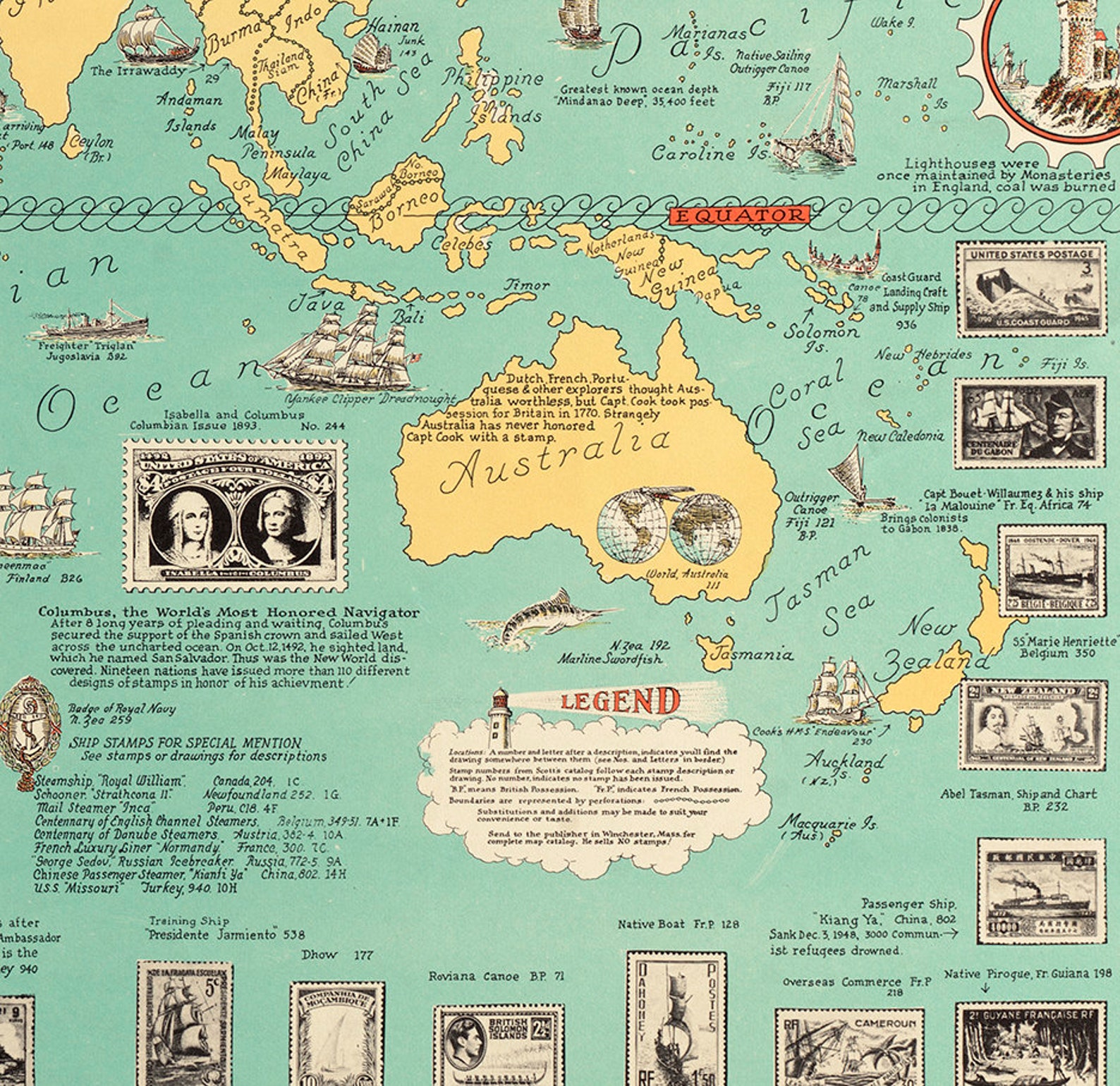 Pictorial Stamp Map of Navigation and Exploration. Vintage - Etsy