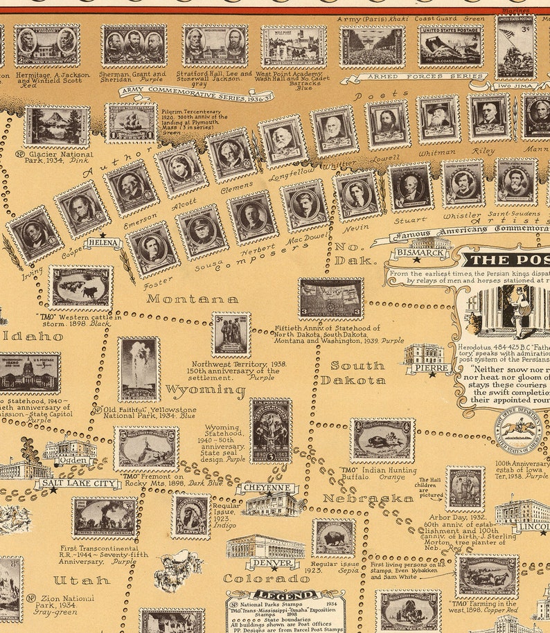 Pictorial Map of United States Stamps Poster U.S. Postage | Etsy