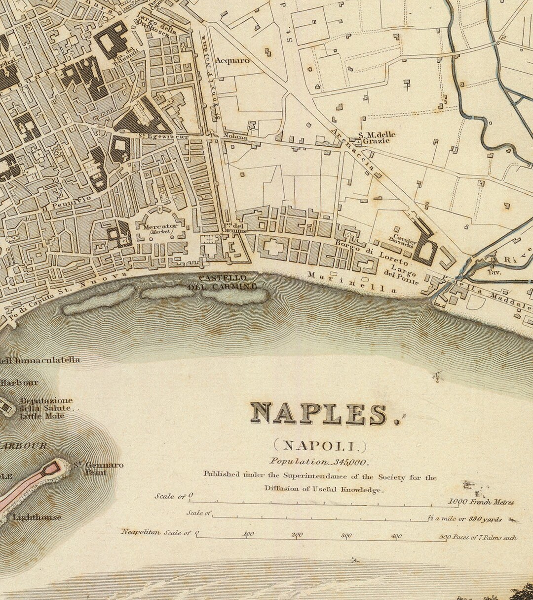 Mapa de Nápoles Italia 1835. Carta de contorni di Napoli. - Etsy España
