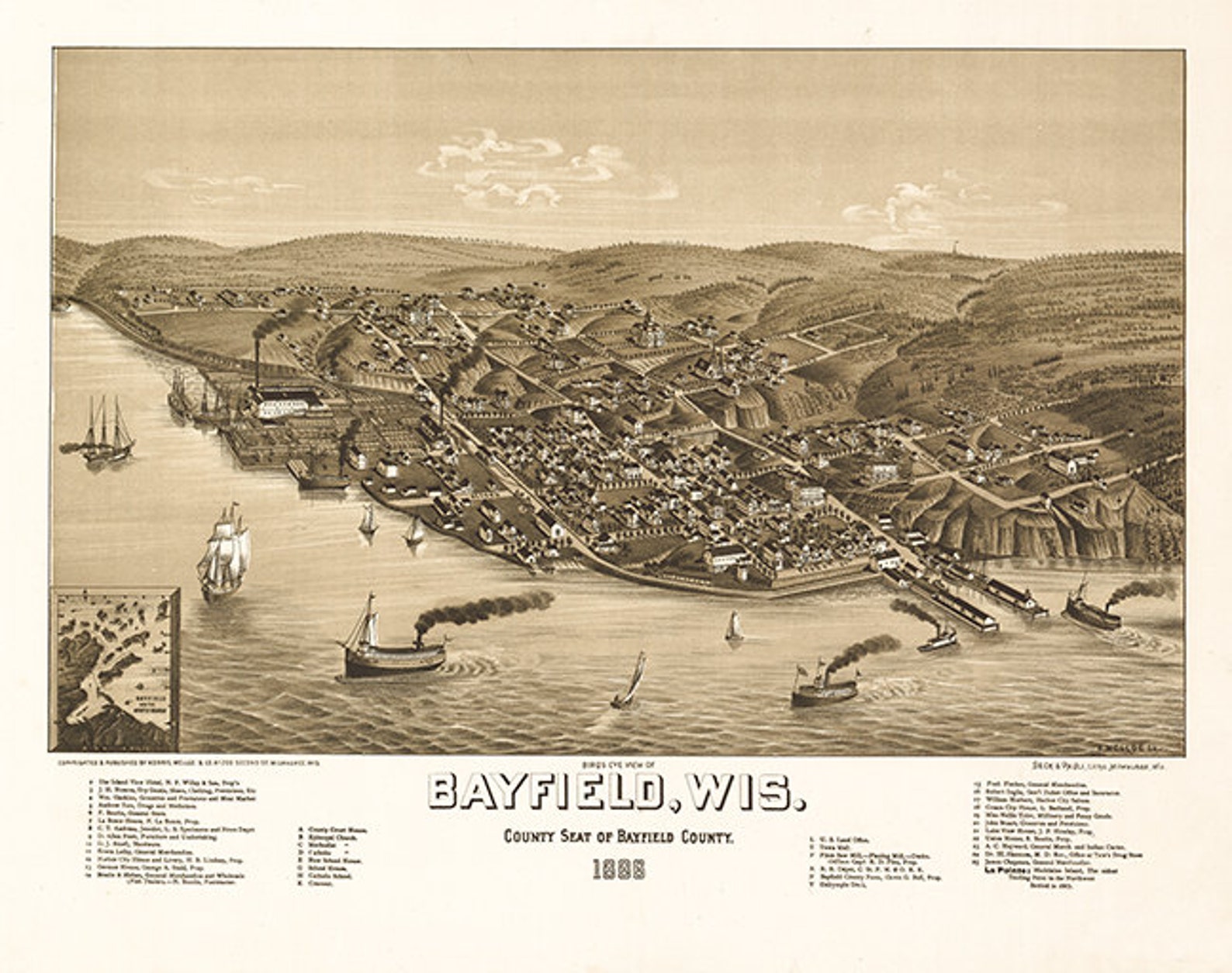 Map of Bayfield, Bayfield Co., Wisconsin 1886, WI. Vintage Restoration ...