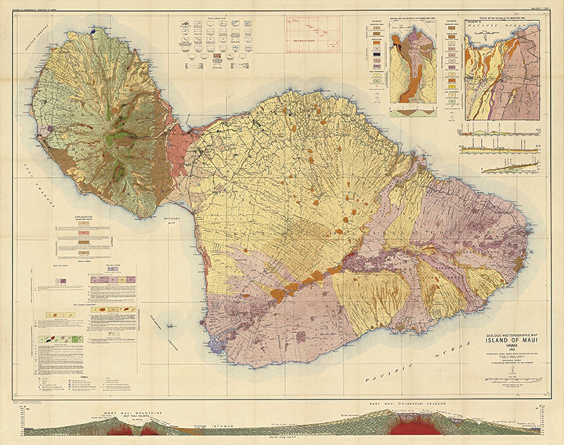 Map of Maui, Geologic and Topographic Map, Hawaiian Islands, 1942 ...