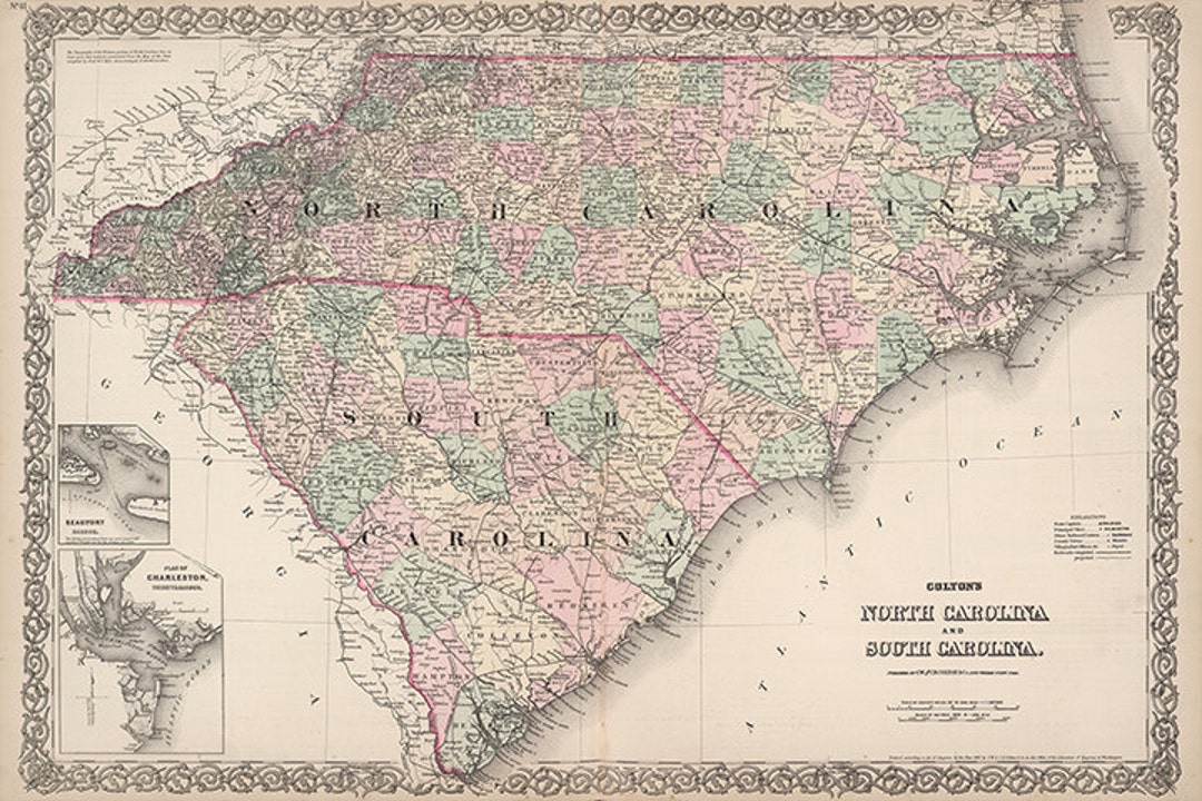 Map of North and South Carolina SC, NC, 1886. Restoration Hardware Home ...