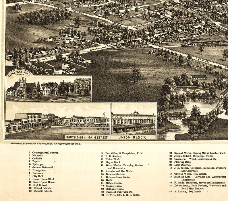 Map of Bellevue Sandusky & Huron County Ohio OH 1888. | Etsy