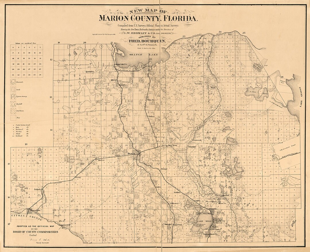 Map of Marion County, Florida. 1887. Vintage Home Deco Style Old Wall ...