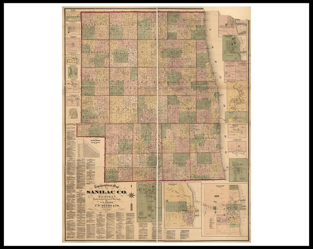 Map of Sanilac County, Michigan. 1876 Vintage Home Deco Style Old Wall ...
