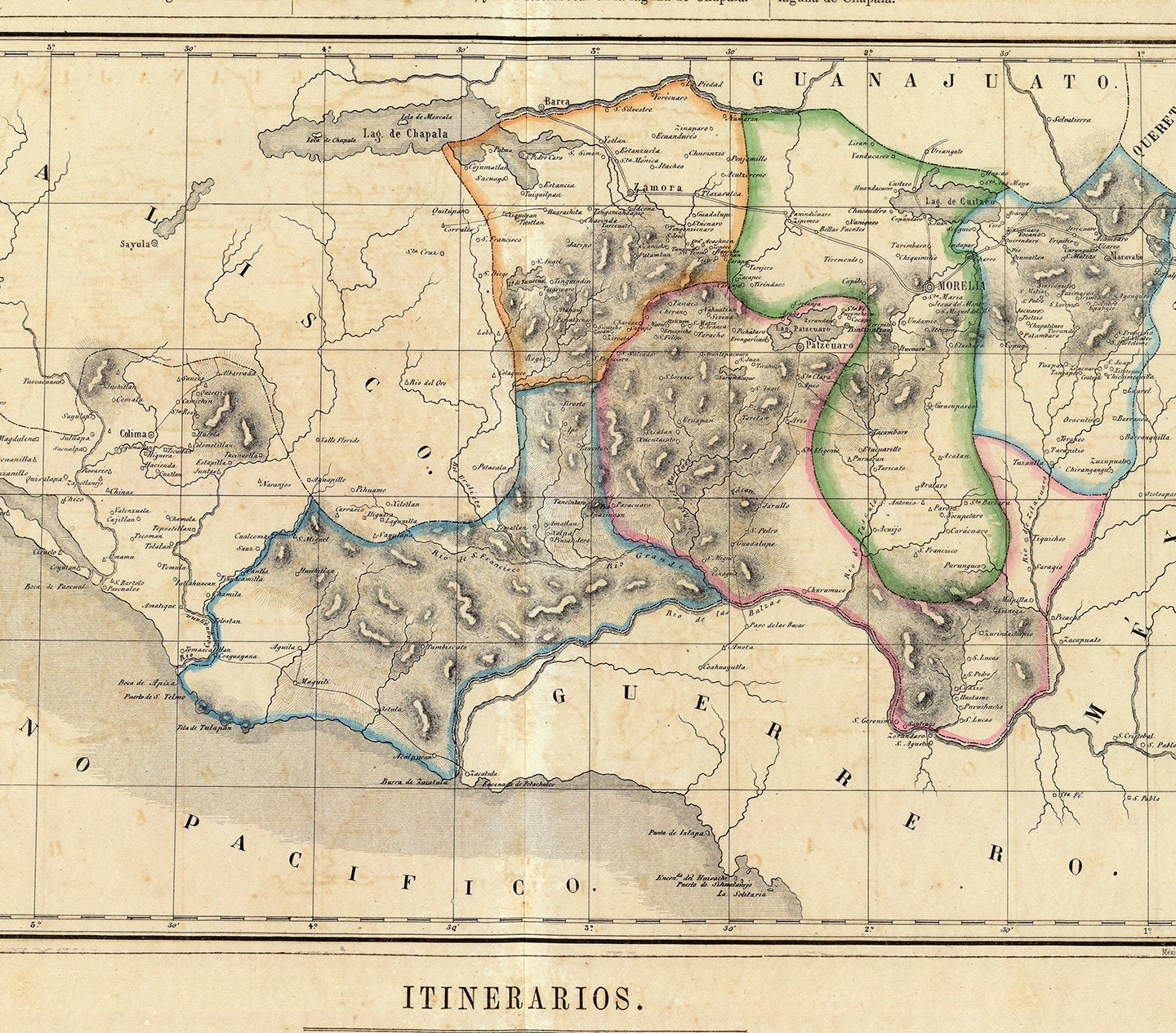 Map of Michoacan, Mexico, 1858. Vintage Home Deco Style Old Wall ...
