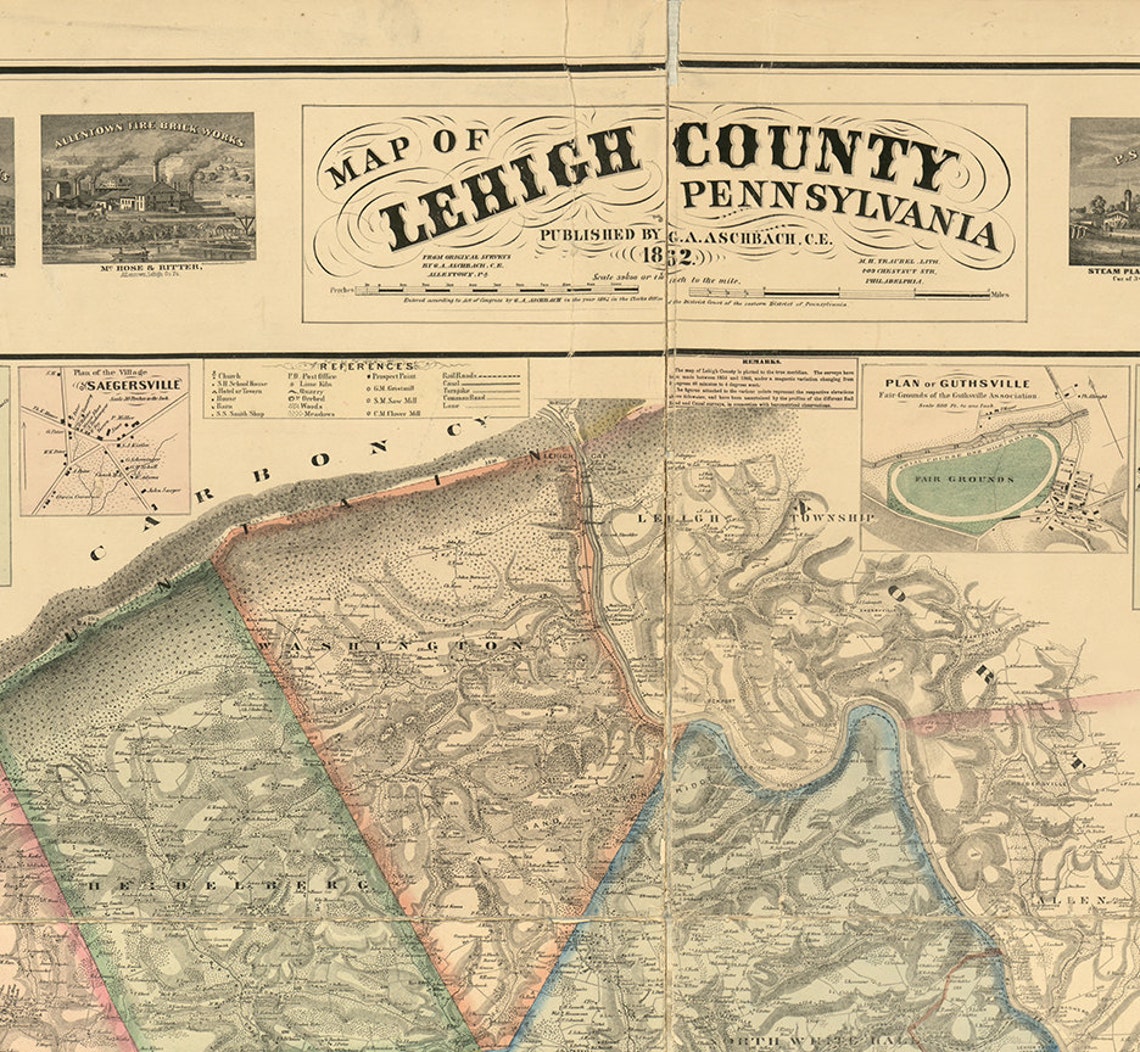 Map of Lehigh County, Pennsylvania, PA 1862. Restoration Hardware Home ...