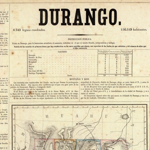 Map of Durango, Mexico, 1858. Vintage Home Deco Style Old Wall ...