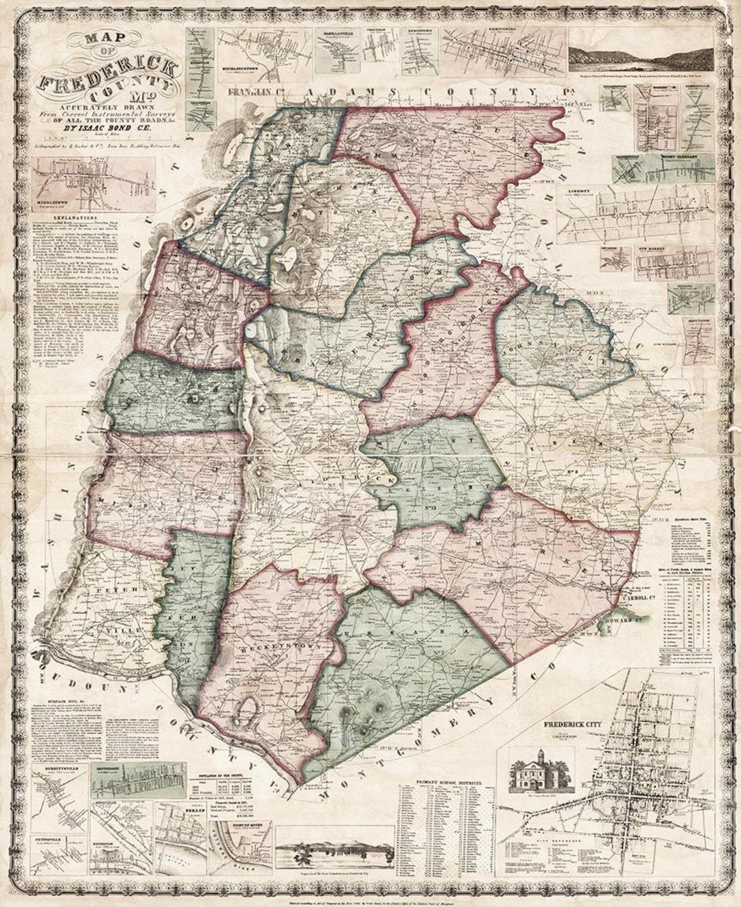 Map of Frederick County, Maryland, MD., 1858. Vintage Reproduction ...