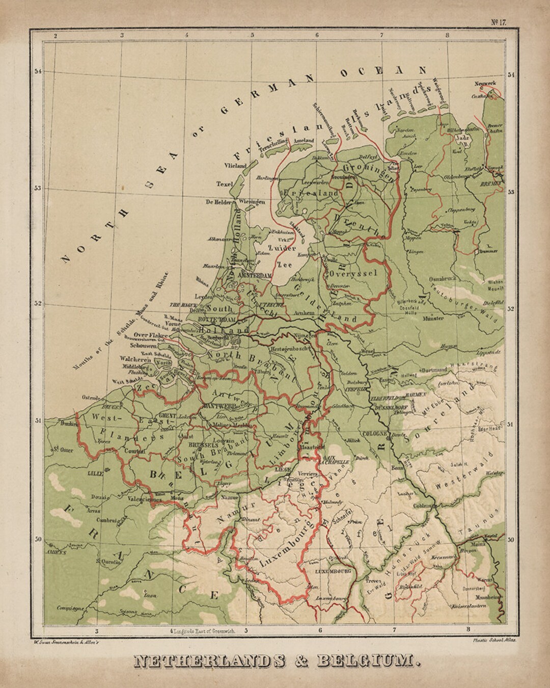 Map of Netherlands and Belgium, 1880. Vintage Home Deco Style Old Wall ...