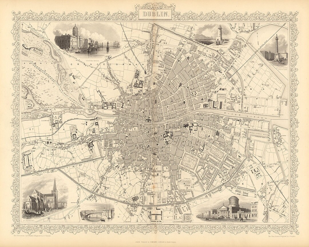 Map of City of Dublin, Ireland, 1851. Vintage Home Deco Style Old Wall ...