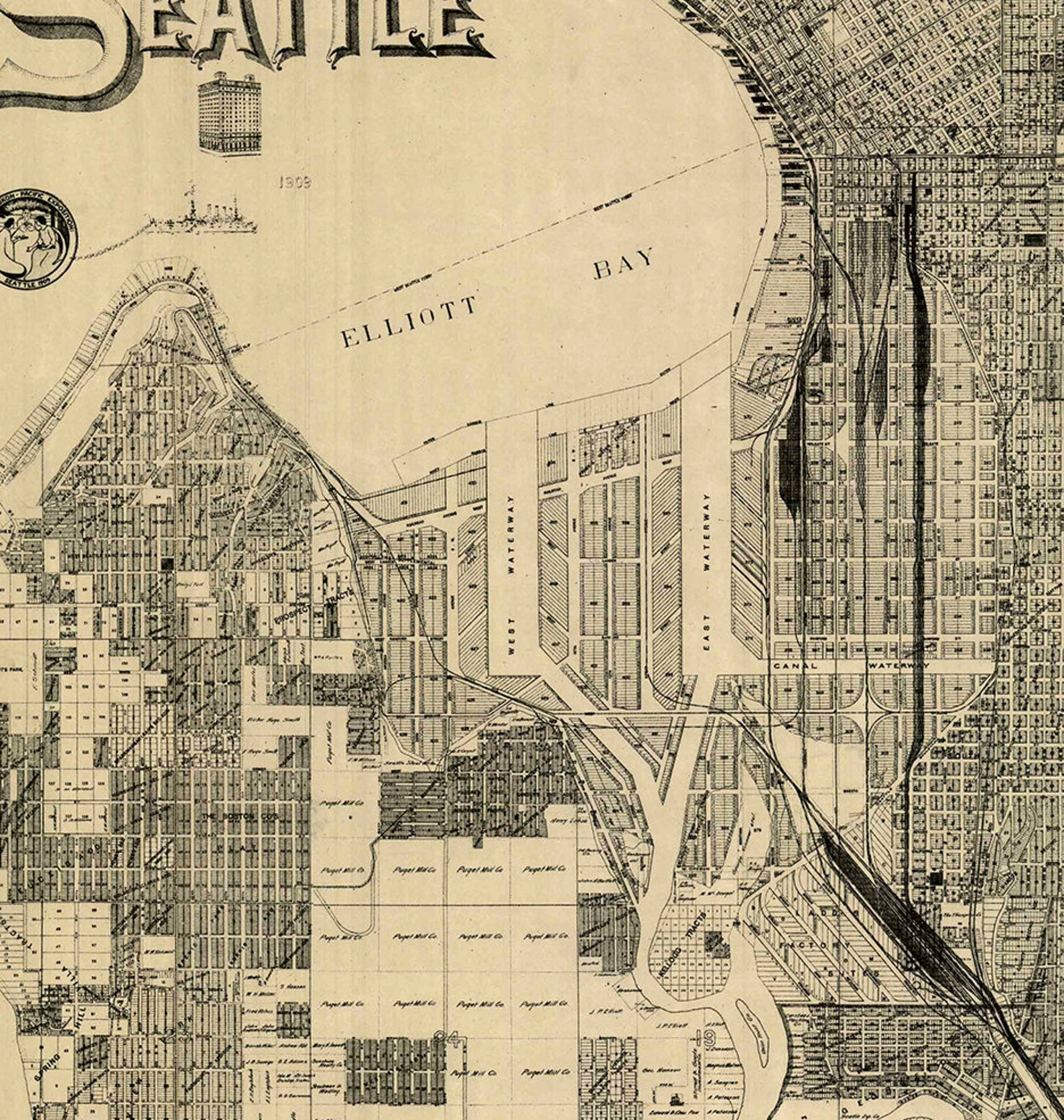 Map of Seattle, Puget Sound, Washington, WT, 1909. Vintage Restoration ...