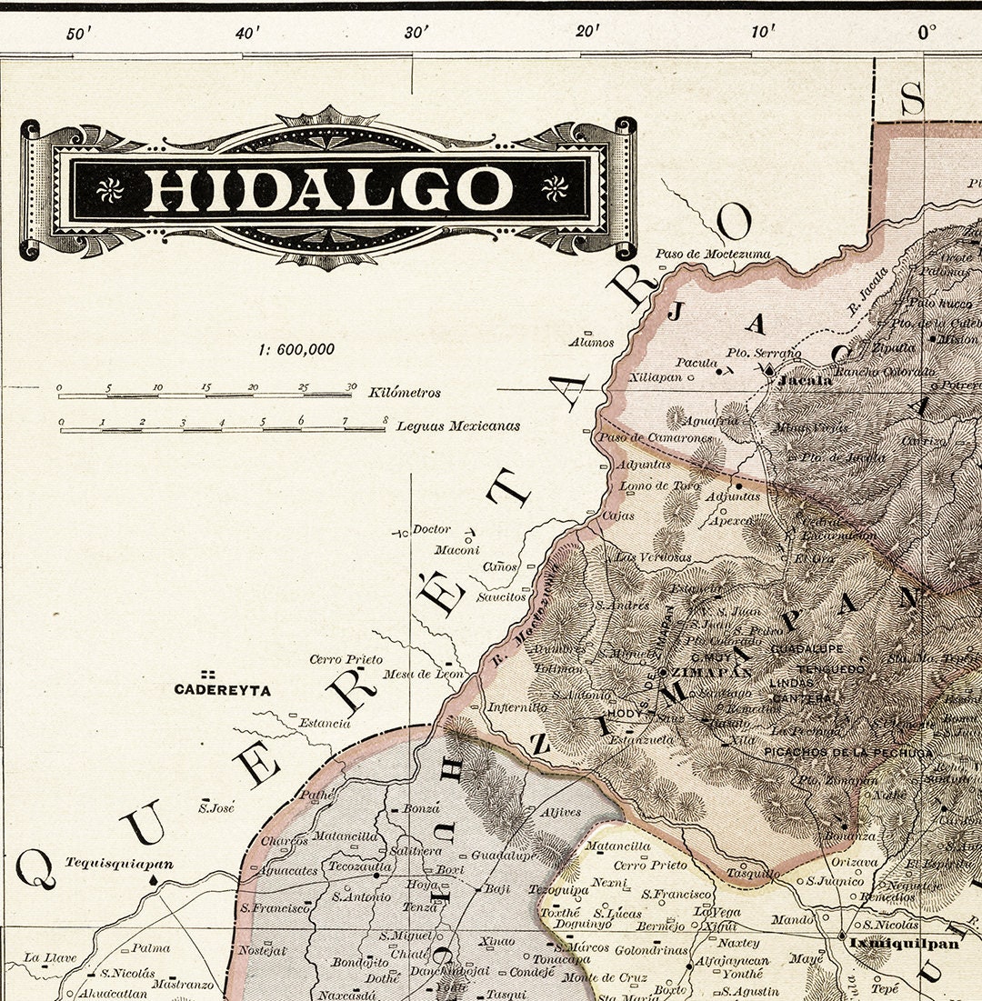 Map of Hidalgo, Mexico, 1886. Vintage Home Deco Style Old Wall ...