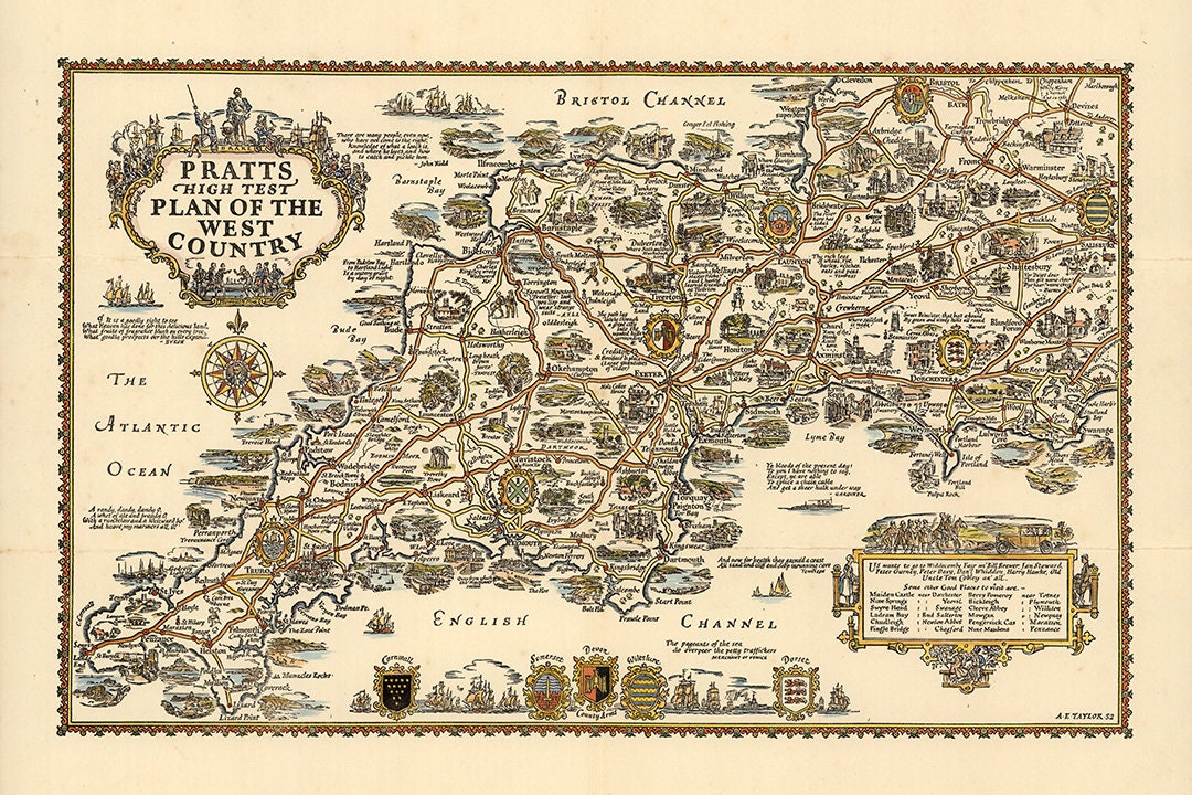 Historic Pictorial Map : Pratts High Test Plan of the West Country ...