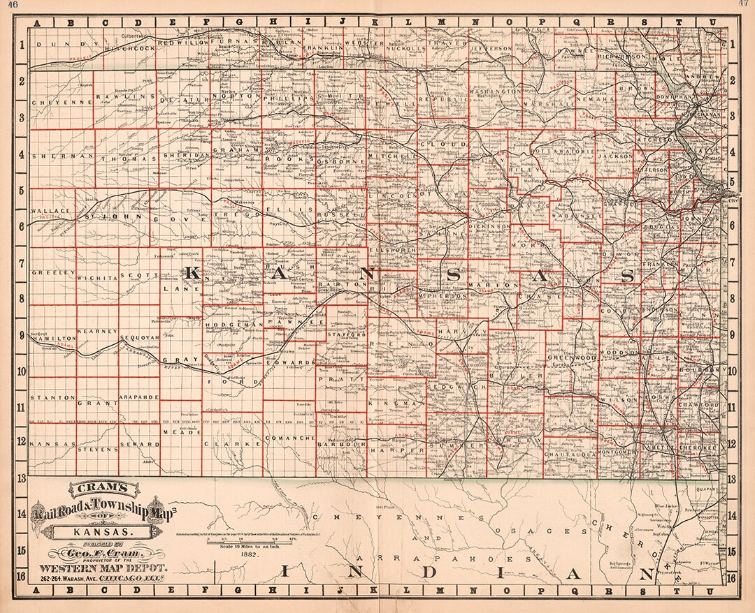 Railroad and Township Map of Kansas., 1882. Home Deco Style Old Wall ...