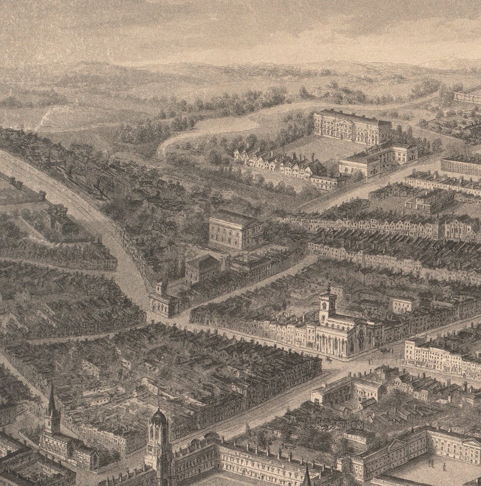 University and City of Oxford, England Map, 1850, Also Carfax Tower ...