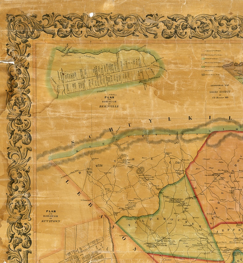 Map of Berks County, Pennsylvania, PA 1854. Reproduction Vintage ...