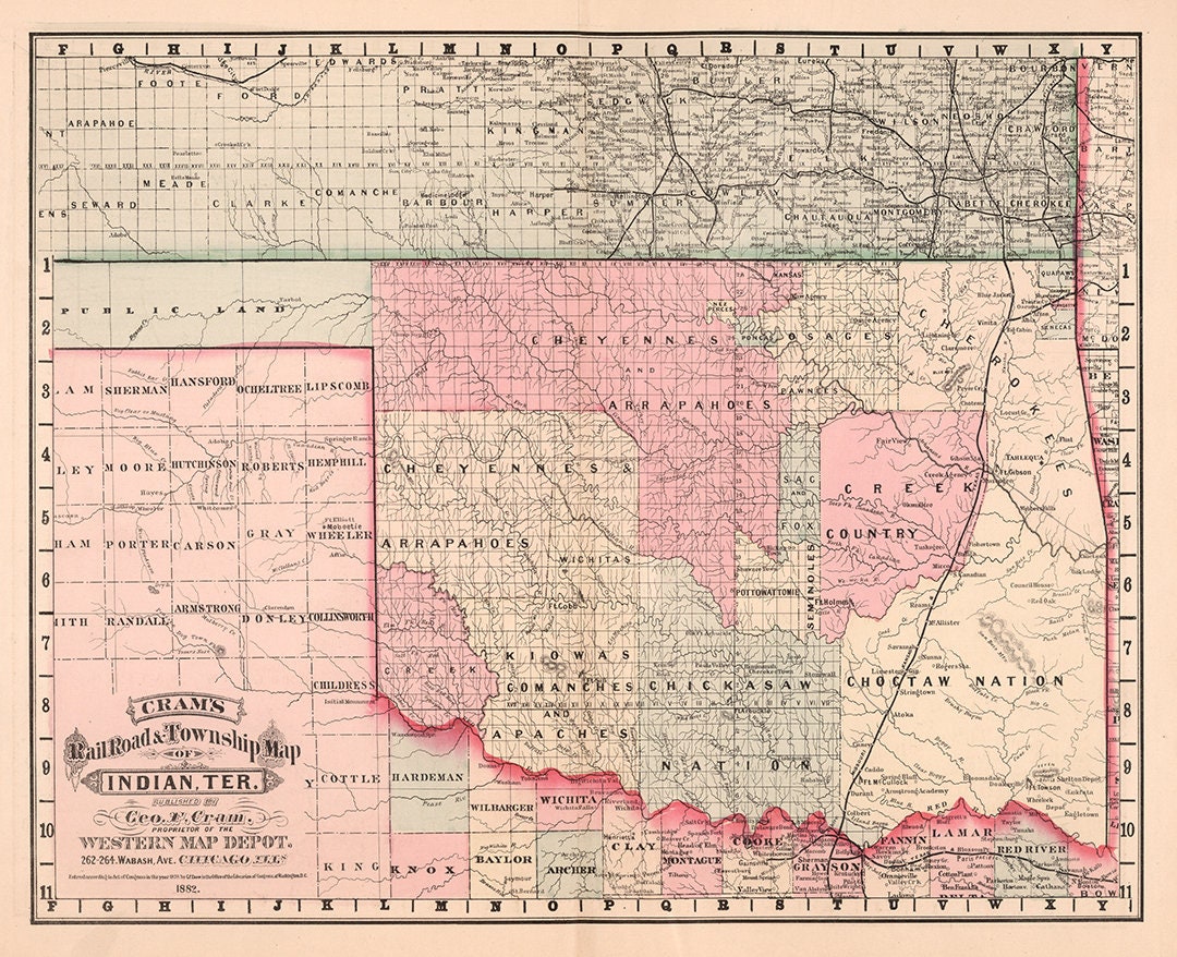 Indian Territory Railroad and Township Map, 1882. Home Deco Style Old ...