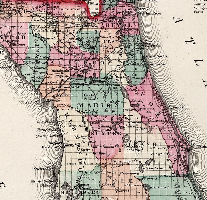 Map of Florida FL 1873. Restoration Hardware Home Deco Style | Etsy