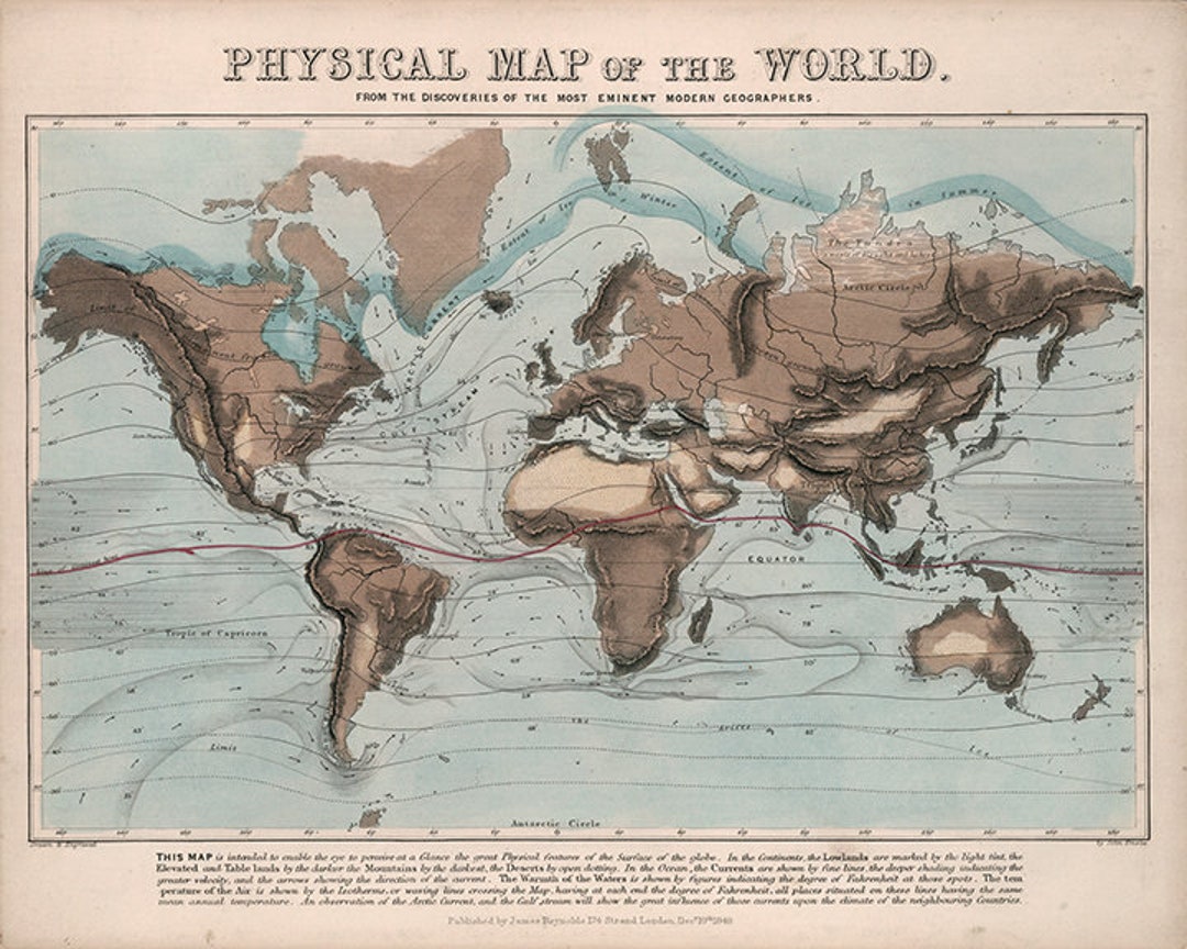 Physical Map of the World 1849 Vintage Home Deco Style Old Wall ...