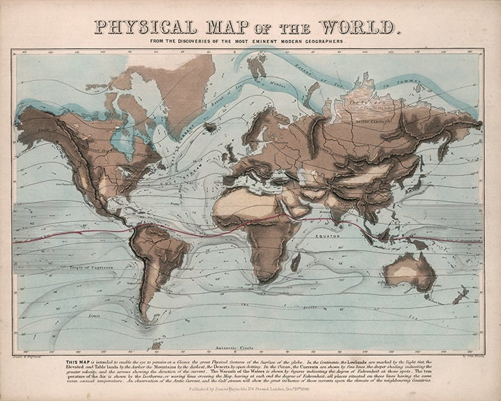 Physical map of the World 1849 Vintage home Deco Style old | Etsy