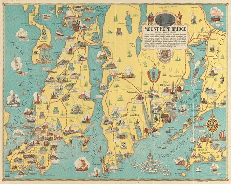 Map of Mount Hope Bridge, Bristol, Rhode Island R.I. Vintage ...