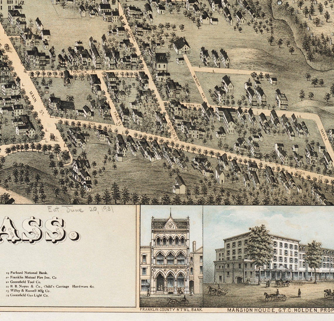 Map of Greenfield, Franklin County. Massachusetts MA 1877. Vintage ...