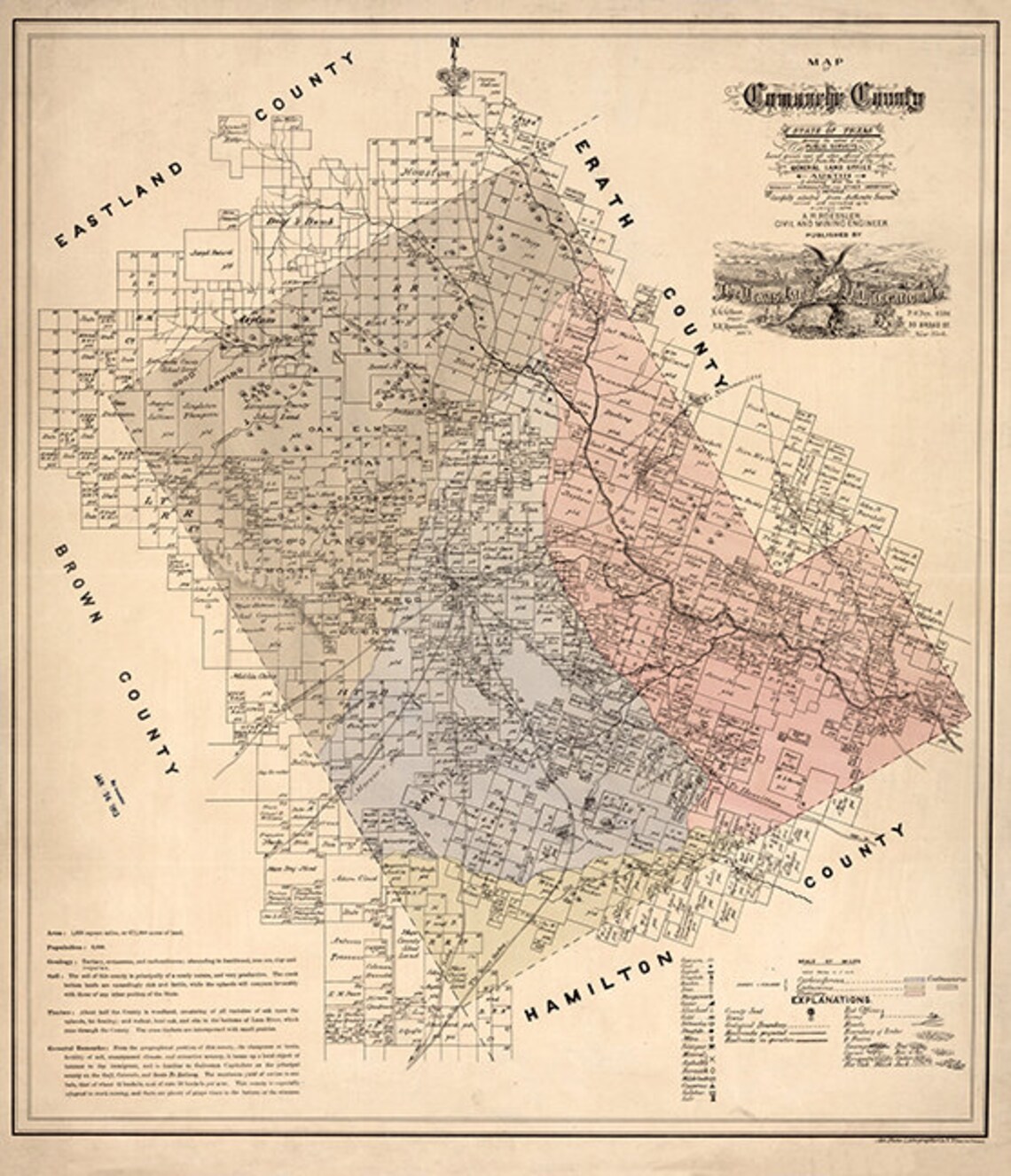 Map of Comanche County Texas TX ... 1876. Vintage - Etsy