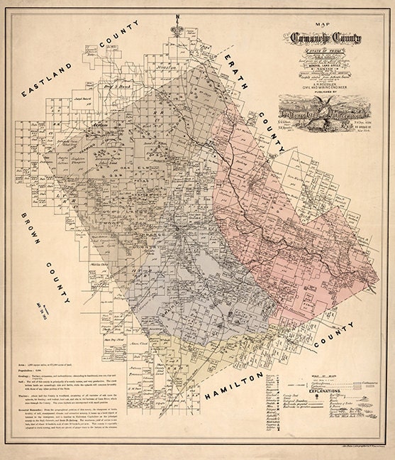 Map of Comanche County Texas TX ... 1876. Vintage - Etsy