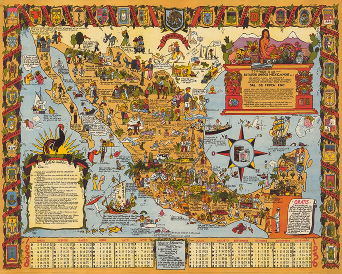 Mapa pictórico de México 1938 . Mapa de los Estados Unidos | Etsy México