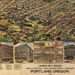 Map of Portland, Oregon OR 1890. Vintage Restoration Hardware Home Deco ...