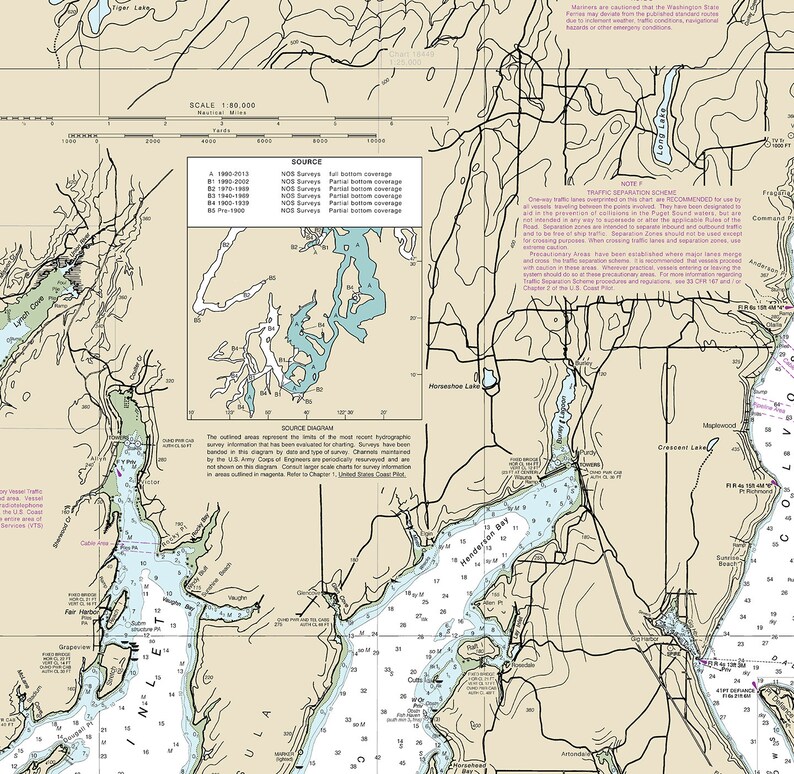 Nautical Charts of Puget Sound - Southern Part Seattle to Olympia ...